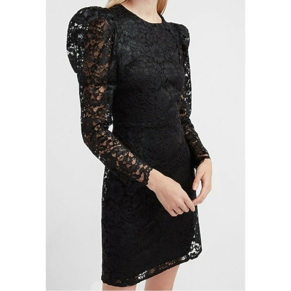 Express | Dresses | Express Black Lace Puff Sleeve Dress Xs | Poshmark
